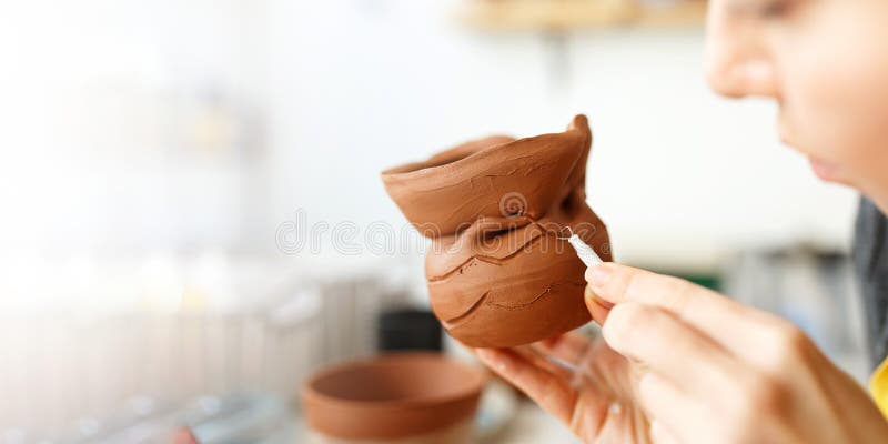 Young Woman Making Pottery Indoors at Creative Studio Craftsperson ...