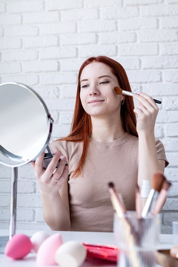 Young Woman Making Up at Home, Using Eyeshadows Stock Photo - Image of ...