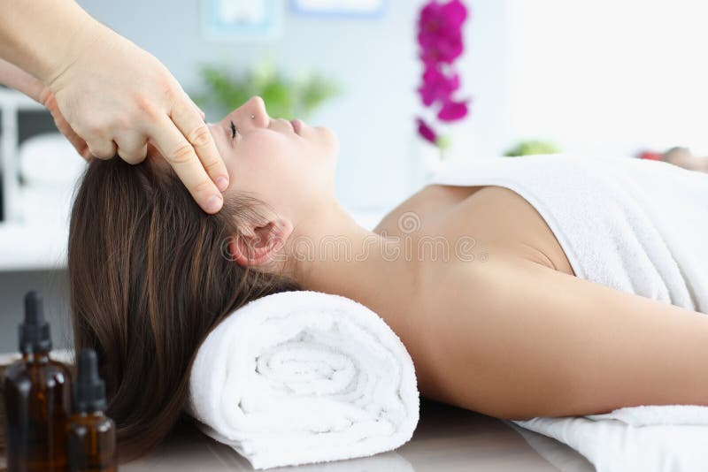 Young Woman Masseur Makes Relaxing Head Massage Stock Image Image Of