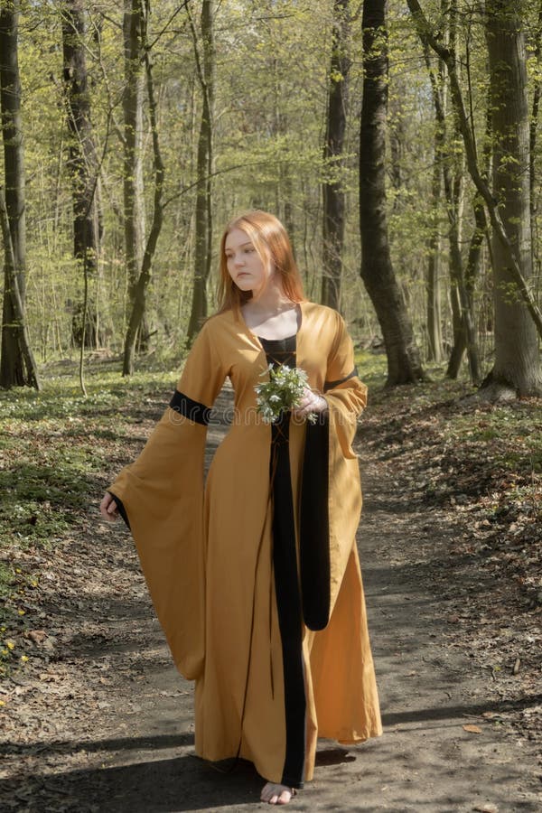 Young Woman in Medieval Dress in Spring Forest Stock Image - Image of ...