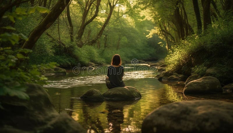 Young Woman Meditates in Serene Forest Solitude Generated by AI Stock ...