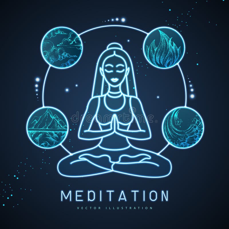 Young Woman Meditation in Lotus Position with the Four Elements. Neon ... Young Woman Meditation in Lotus Position with the Four Elements. Neon ...