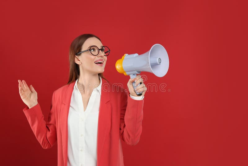 Young Woman with Megaphone on Background. Space for Text Stock Photo ...