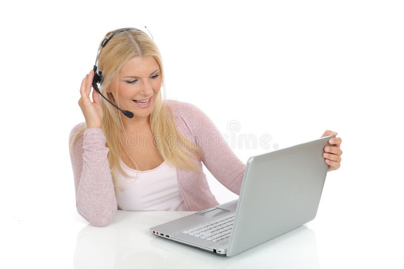 Young Woman with Microphone and Computer Stock Photo - Image of chat ...