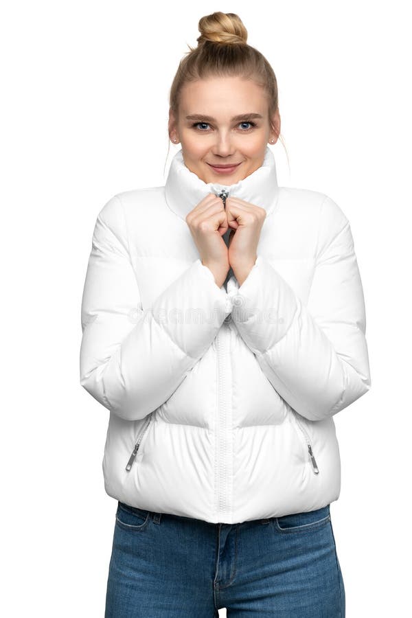 Young Female Model Posing in Black Down Jacket Isolated on White ...