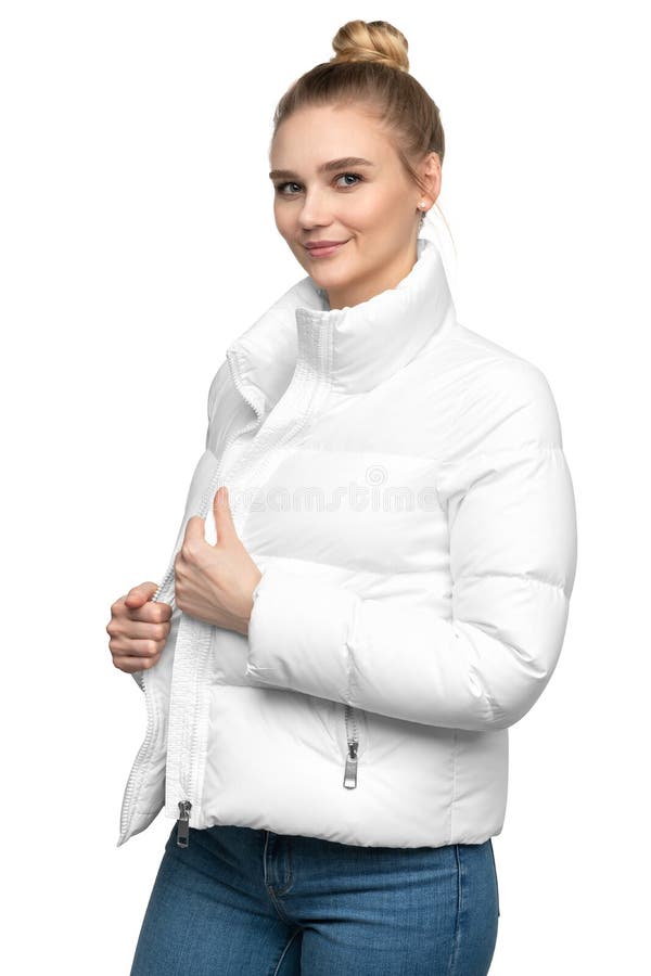 Young Woman Model Posing in White Down Jacket Isolated on White ...