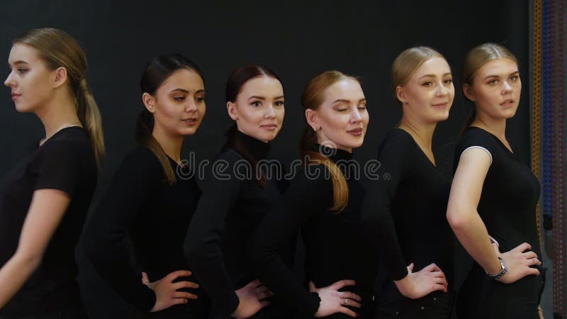 Young Woman Models Having a Photo Session in the Studio. Six Different ...
