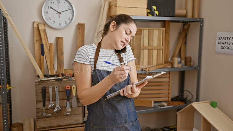 Young Woman Multitasking in a Carpentry Workshop, Talking on the Phone ...