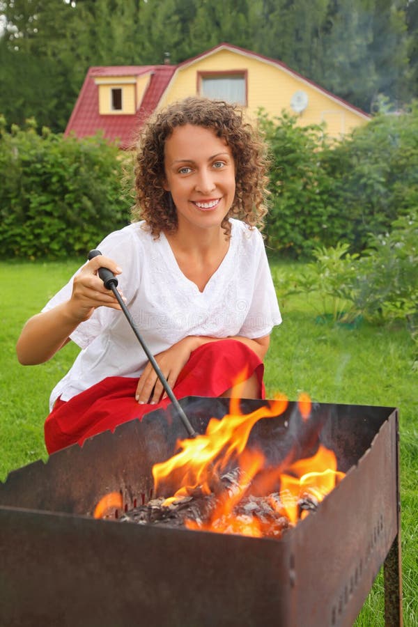 Young Woman Near Brazier on Picnic Stock Image - Image of outdoor ...