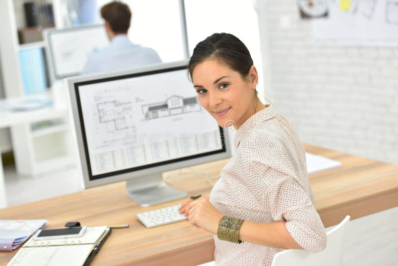 Young Woman Office Worker by the Desktop Computer Stock Image - Image ...