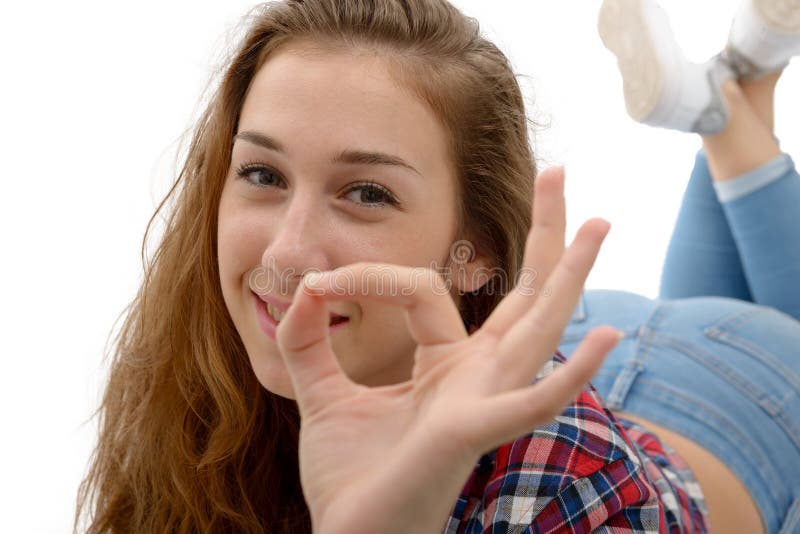 Young Woman with Ok Sign Gesture Stock Image - Image of casual ...