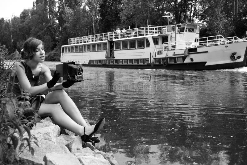 Young Woman with an Old Camera Near the River Stock Photo - Image of ...