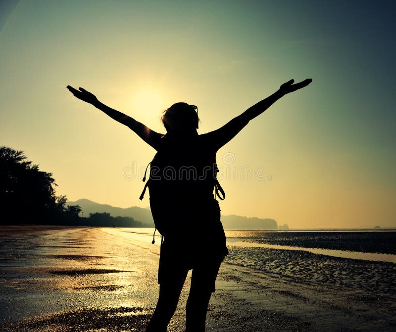 Young Woman Open Arms on Sunrise Beach Stock Image - Image of hiker ...