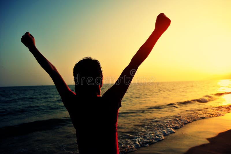 Young Woman Open Arms on Sunrise Beach Stock Photo - Image of healthy ...