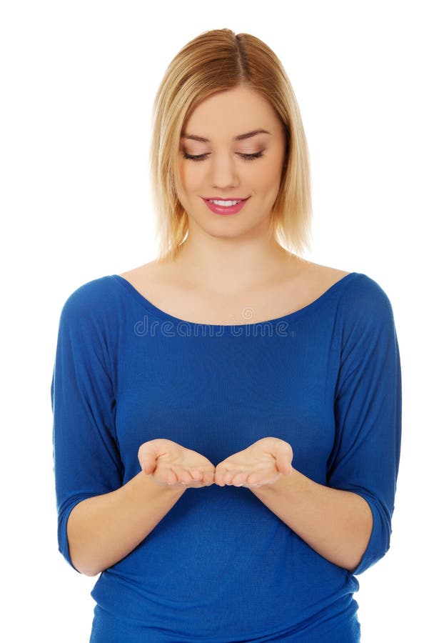 Young Woman with Open Hands. Stock Photo - Image of people, product ...