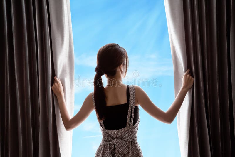 Young Woman Opening Curtains and Blue Sky Stock Image - Image of drapes ...