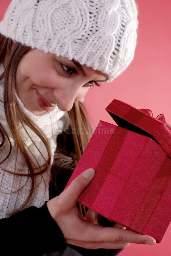 Girl Surprised Opening Gift Stock Photo - Image of pretty, christmas ...