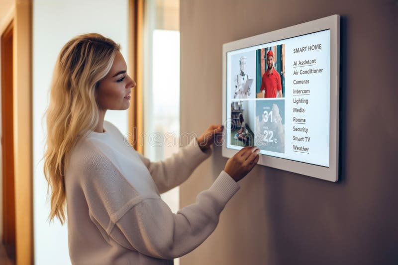 Woman Operating Smart Home LCD Screen on the Wall, Touching a Digital ...