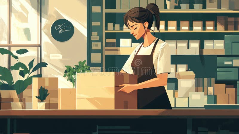 Young Woman Packing Boxes in a Bright Organized Store Stock ...