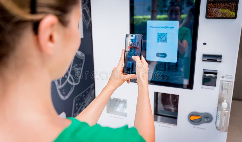 Young Woman Paying for Coffee at Vending Machine Using Contactless ...