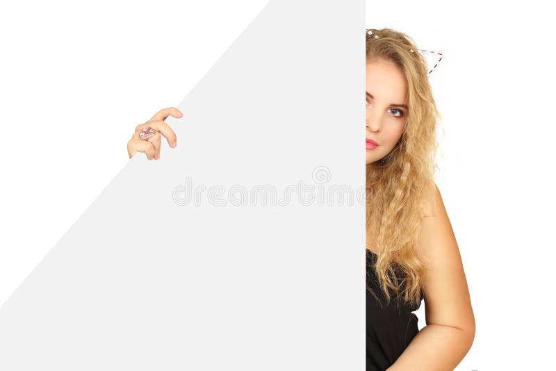Young Woman Peeking from Behind the Advert Stock Photo - Image of blank ...