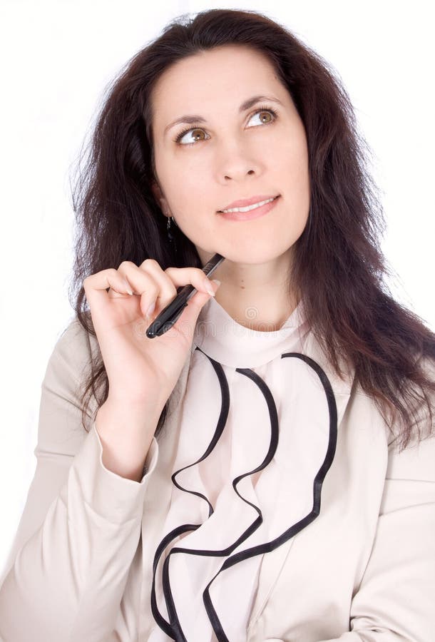 Young Woman with Pen Isolated on White Stock Image - Image of ...