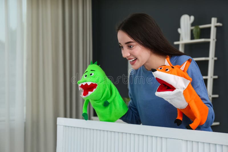 Young Woman Performing Puppet Show at Home Stock Image - Image of funny ...