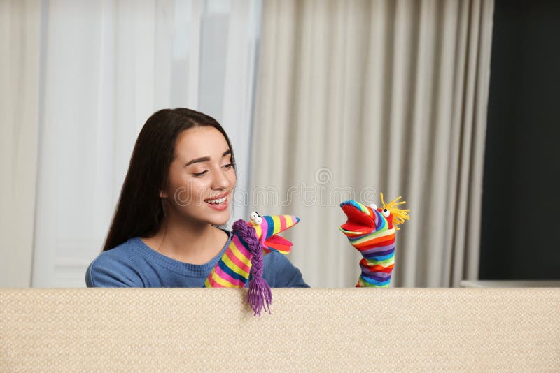 Young Woman Performing Puppet Show at Home Stock Image - Image of ...