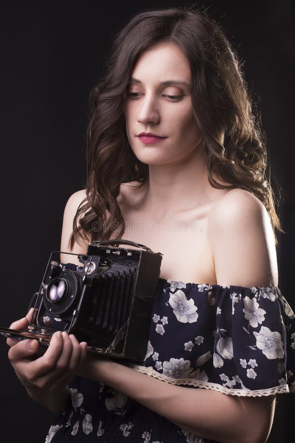 Young Woman Photographer with Old Camera Stock Image - Image of pretty ...