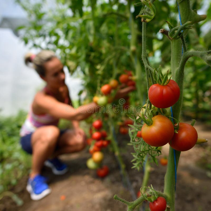 Young Woman Picking Fresh Tomatoes Stock Image - Image of caucasian ...
