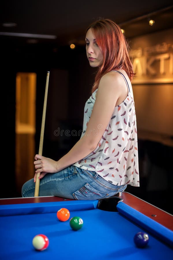 Young Woman Playing Pool Game in Pub Stock Photo - Image of gamble ...