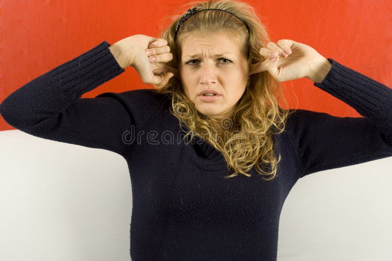 Young Woman Plug Fingers in His Ears Stock Image - Image of ears ...