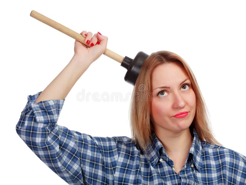 Young woman with plunger stock photo. Image of craftsperson - 24461228