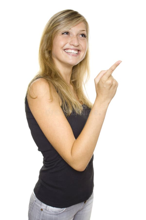 Cheerful Young Woman Pointing Stock Photo - Image of girl, portrait ...