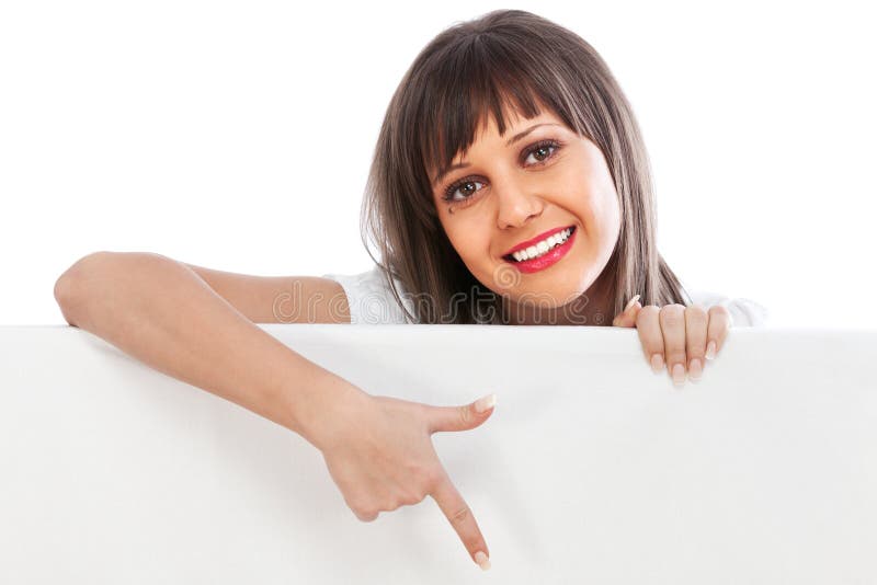 Young Woman Pointing Behind Billboard Stock Image - Image of smile ...