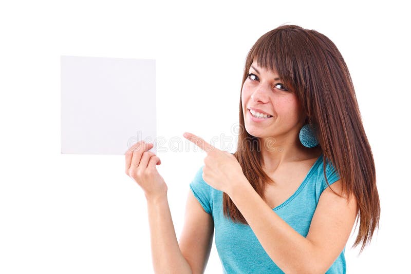 Young Woman Pointing at Blank Card in Her Hand Stock Photo - Image of ...