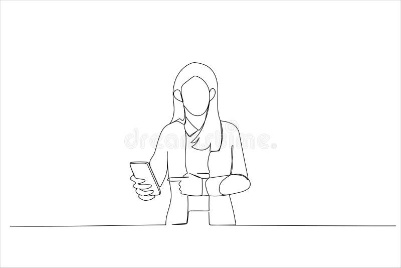 Young Woman Pointing Finger at Mobile Phone. Single Continuous Line Art ... Young Woman Pointing Finger at Mobile Phone. Single Continuous Line Art ...