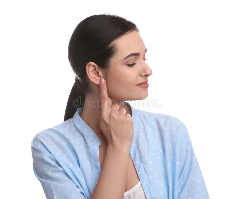 Young Woman Pointing at Her Ear on White Background Stock Photo - Image ...
