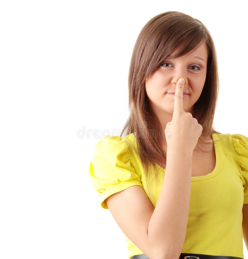 Young Woman Pointing at Her Nose Stock Image - Image of nose, childhood ...