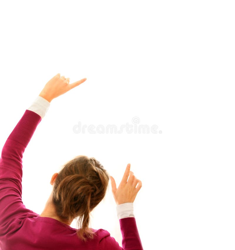 Young Woman Pointing at White Background Stock Image - Image of girl ...