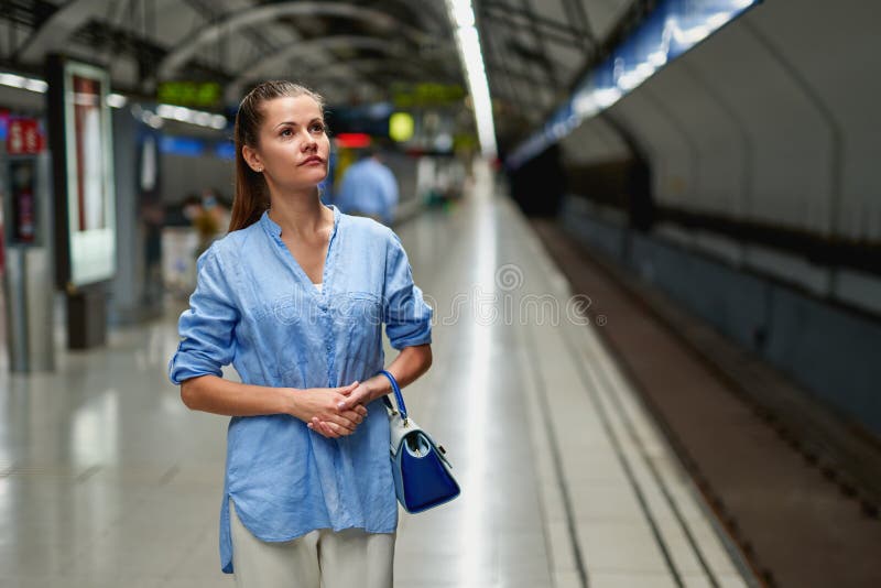 Young Woman Portrait Inside Metro Subway Stock Photo - Image of commute ...