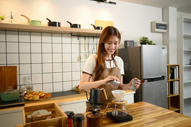 Young Woman Pouring Ground Coffee Dripper Making Fresh Brew Kitchen ...