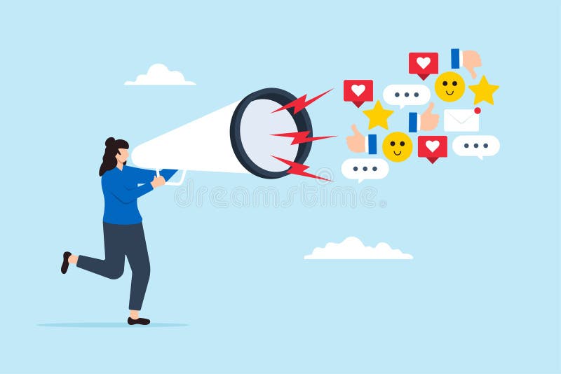 Young Woman PR Amplify Message on Social Media Using Megaphone Stock ...