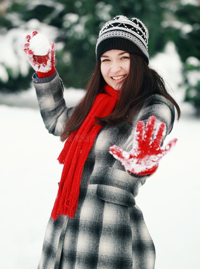 Young Woman Prepare Throwing Snowball Stock Photo - Image of snowball ...