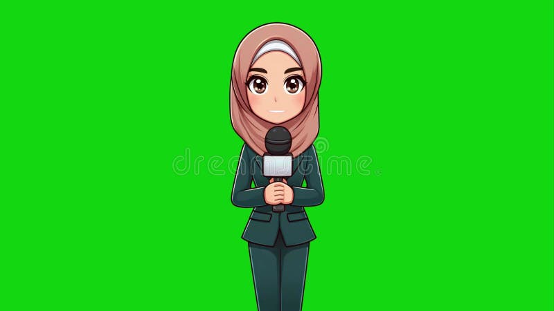 Young Woman Presenter with Hijab and Microphone on Green Screen Stock ...