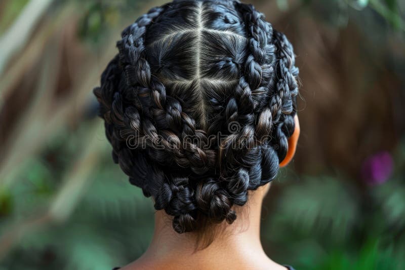 Young Woman Sporting Elaborate Braided Hairstyle with Blurred Greenery ...