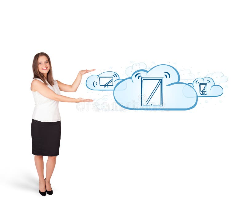 Young Woman Presenting Modern Devices in Clouds Stock Image - Image of ...