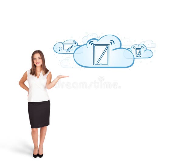 Young Woman Presenting Modern Devices in Clouds Stock Photo - Image of ...