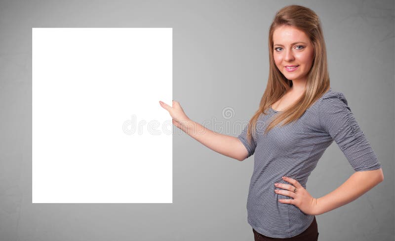 Young Woman Presenting White Paper Copy Space Stock Photo - Image of ...