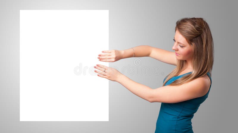 Young Woman Presenting White Paper Copy Space Stock Photo - Image of ...